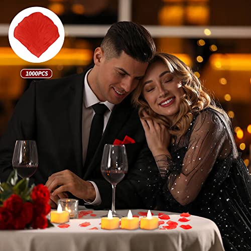 BLOCE 1000 Pieces Artificial Rose Petals with 24Pcs Heart Battery LED Tealight Candles, Rose Petals for Romantic Night for Him Set Valentine's Day (Warm White)