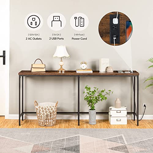 HOOBRO 70.9 Inches Console Table with 2 Power Outlets and 2 USB Ports, Extra Long Entryway Table with Charging Station, Narrow Sofa Table Behind Couch, Hallway, Living Room, Rustic Brown BF1801XG01G1