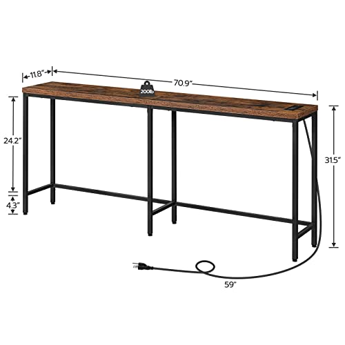 HOOBRO 70.9 Inches Console Table with 2 Power Outlets and 2 USB Ports, Extra Long Entryway Table with Charging Station, Narrow Sofa Table Behind Couch, Hallway, Living Room, Rustic Brown BF1801XG01G1