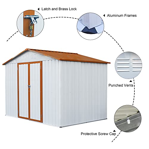 OUYESSIR 8 x 6 Ft Outdoor Storage Shed, Garden Shed with Padlock, Punched Vents and Waterproof Tool Storage Shed for Courtyard, Lawn, Backyard (8 x 6 Ft, White)