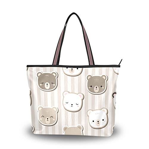 Cute Bear Heads Tote Bag Aesthetic, Large Capacity Zipper Women Grocery Bags Purse for Daily Life 2 Sizes