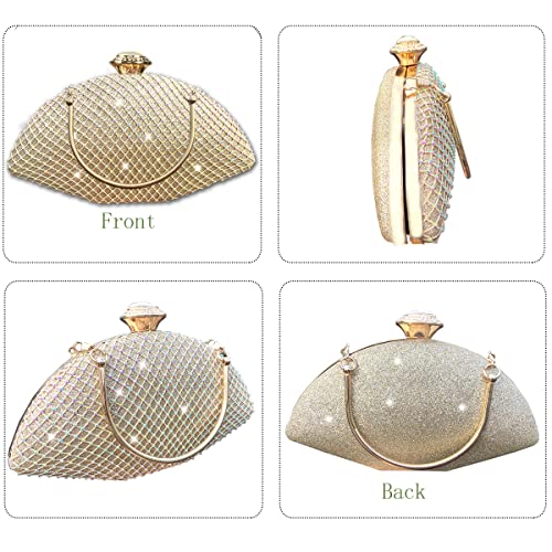 JIYIFOUHY Rhinestone Gold Clutch Purses for Women, Sparkly Rhinestone Evening Bag Bling Handbag Shoulder Bag with Detachable Chain Strap Handle for Wedding Party Prom