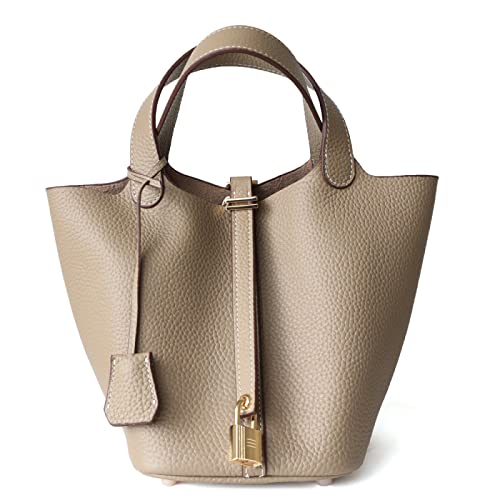 Leather Tote Bag Bucket Bag Ladies Large Capacity Bag Shopping Vegetable Basket Leather Tote Bag, Brown, 14*18*19cm