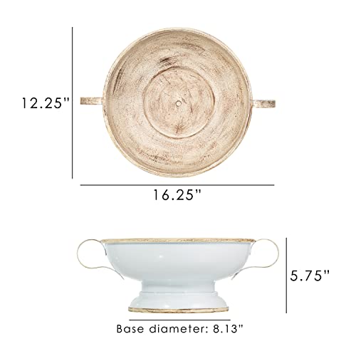 Ka Home Distressed Metal Bowl for Decorative Centerpiece, Table, Home Decor - Rustic White Large Footed Bowl with Handles - Farmhouse Kitchen Decor Accent