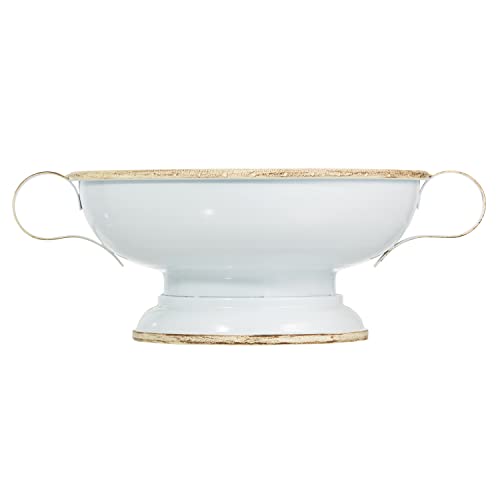 Ka Home Distressed Metal Bowl for Decorative Centerpiece, Table, Home Decor - Rustic White Large Footed Bowl with Handles - Farmhouse Kitchen Decor Accent