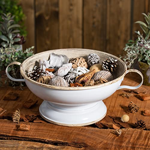 Ka Home Distressed Metal Bowl for Decorative Centerpiece, Table, Home Decor - Rustic White Large Footed Bowl with Handles - Farmhouse Kitchen Decor Accent
