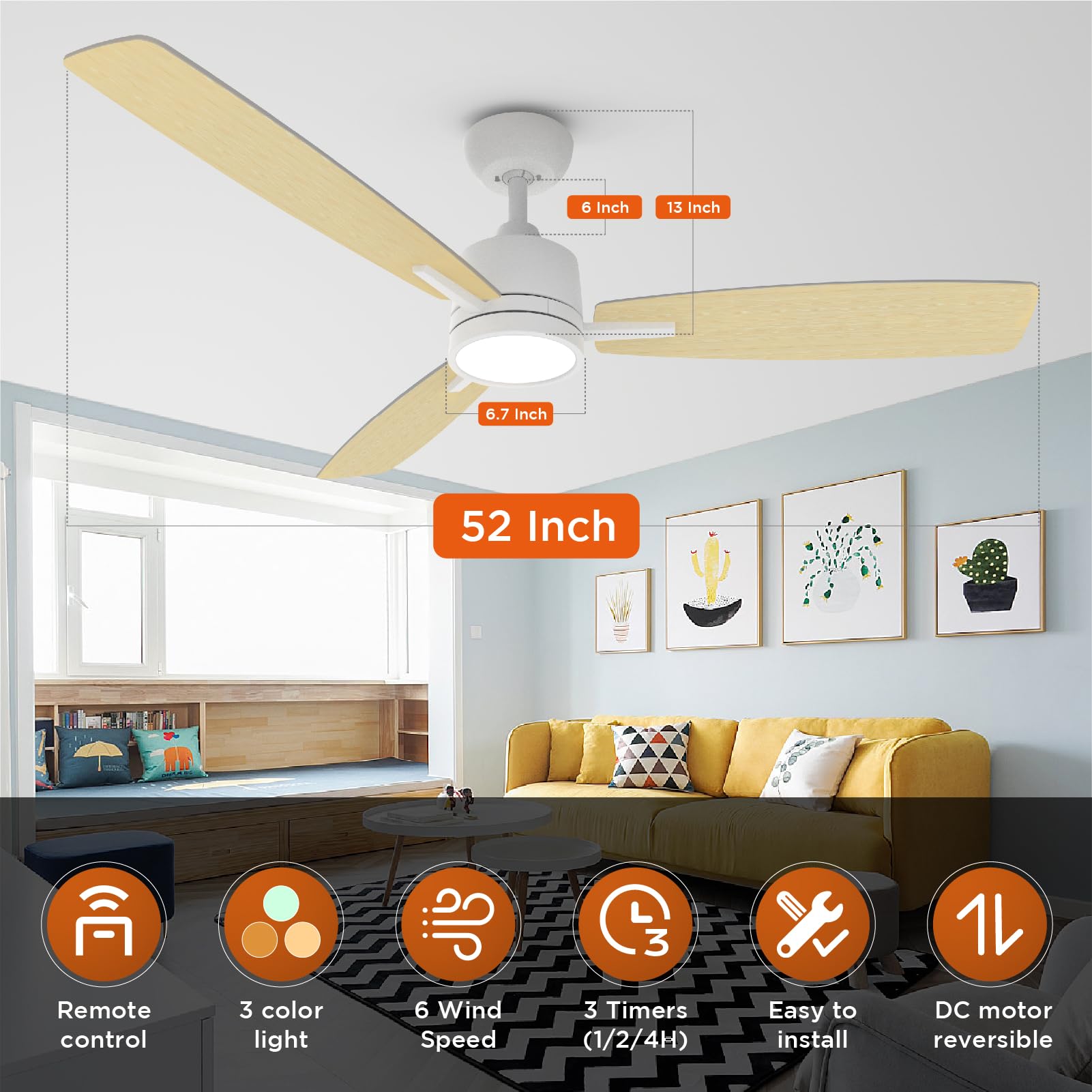 TALOYA 2 Pack 52 inch Ceiling Fans with Lights,Quiet Ceiling Fan with Reversible DC Motor and Remote for Home, White/Oak Finish