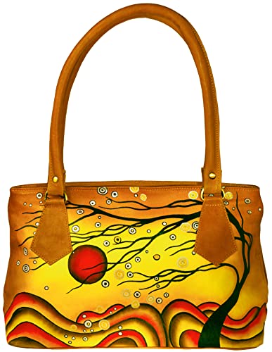 Evi's Bags Women's Hand Painted Genuine Leather Handbag - Shoulder Bag - Hobo, by Evi's Bags. Unique, Large, Handmade Purse - Satchel - Tote. Wearable Art - “Sun & WindIn Bag, Tan, Yellow, Red, Black