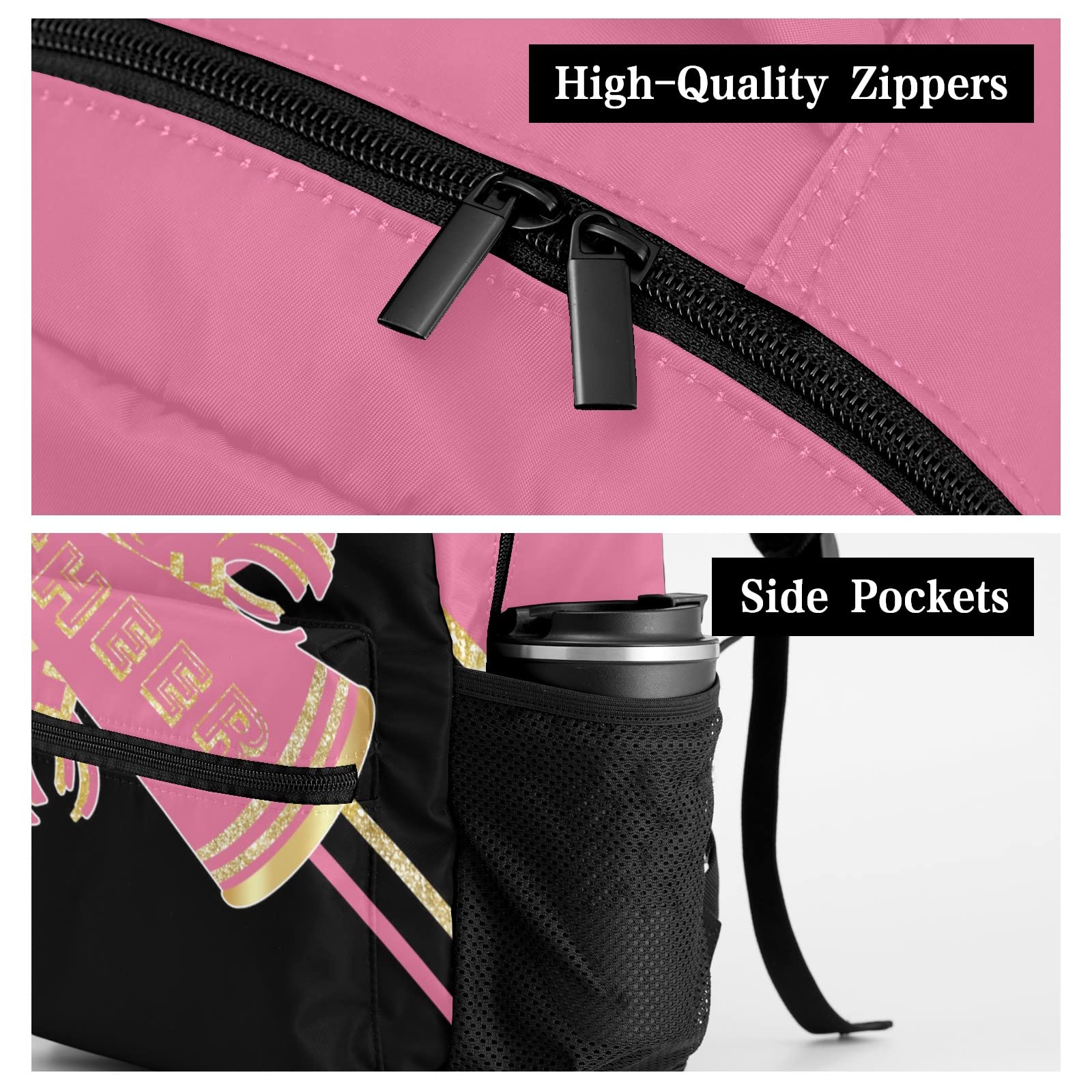 BigBigift Personalized Cheer Pink Black Cheerleaders Waterproof Backpack with Name Text for Women Men Gift, 12.2(L)x5.9(W)x16.5(H)inch