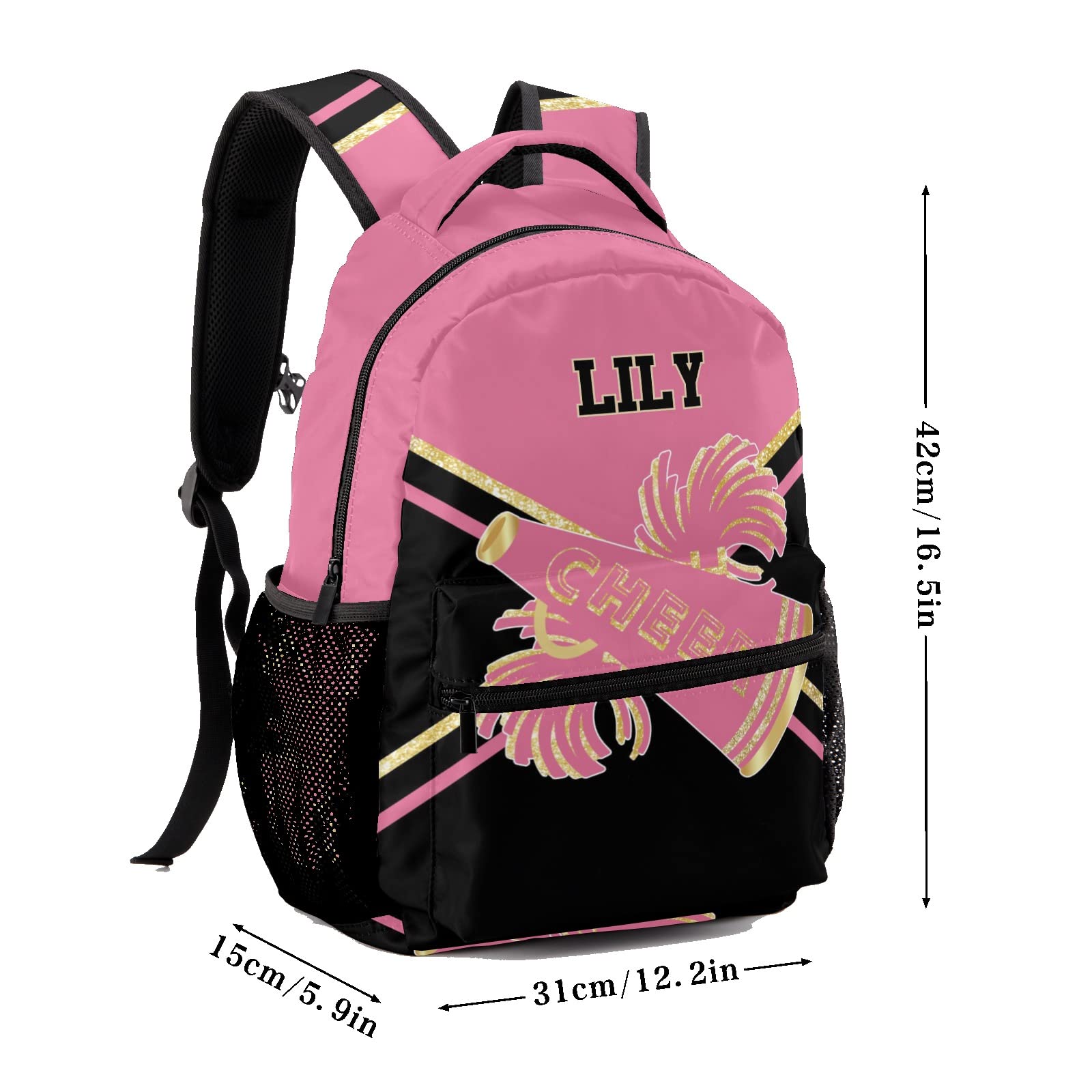 BigBigift Personalized Cheer Pink Black Cheerleaders Waterproof Backpack with Name Text for Women Men Gift, 12.2(L)x5.9(W)x16.5(H)inch