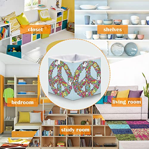 ALAZA Peace Sign Flower Floral Striped 11 Inch Cube Storage Bin Organizer Foldable Basket for Closet Cabinet Shelf Office