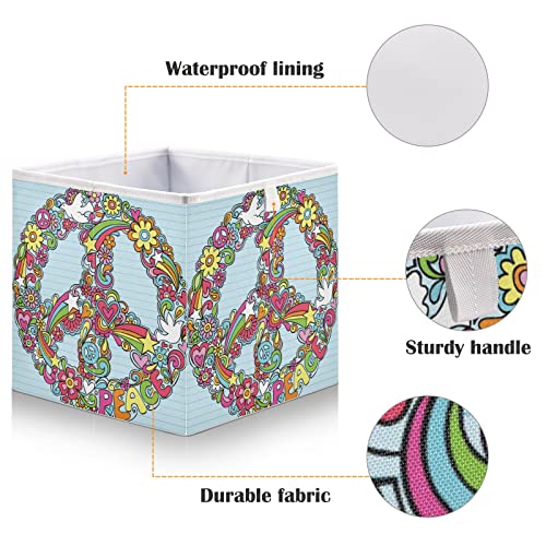 ALAZA Peace Sign Flower Floral Striped 11 Inch Cube Storage Bin Organizer Foldable Basket for Closet Cabinet Shelf Office