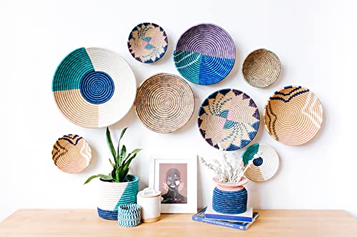 16" X-Large African Basket- Muyumbu/Rwanda Basket/Woven Bowl/Sisal & Sweetgrass Basket/Blue, Teal, Tan, White
