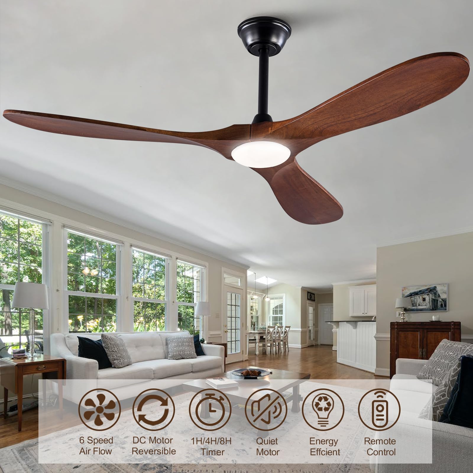 XBIBI 42 Inch Ceiling Fans with Lights and Remote,Wood Ceiling Fan with Lights,Modern Ceiling Fan Light with 3 Blade,6 Speed DC Motor Indoor Outdoor Ceiling Fan for Patio,Living Room,Bedroom