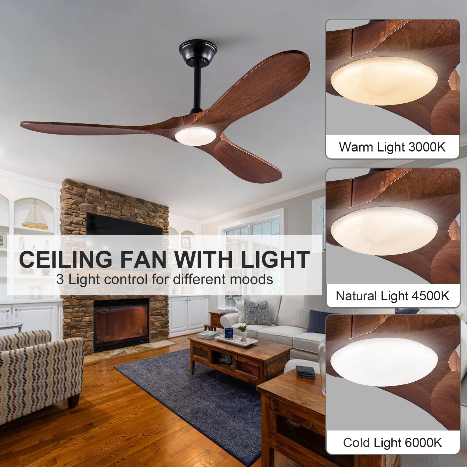 XBIBI 42 Inch Ceiling Fans with Lights and Remote,Wood Ceiling Fan with Lights,Modern Ceiling Fan Light with 3 Blade,6 Speed DC Motor Indoor Outdoor Ceiling Fan for Patio,Living Room,Bedroom