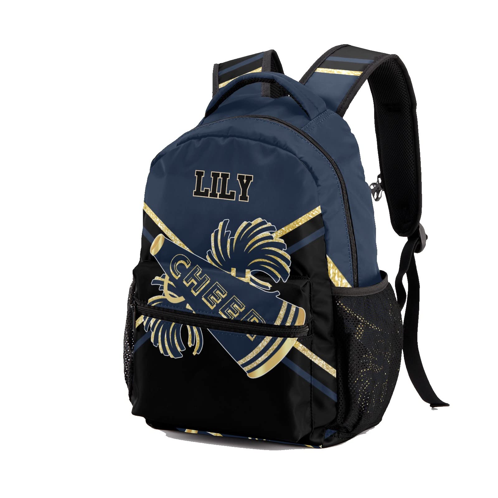 BigBigift Personalized Cheer Navy Black Cheerleaders Multifuction Backpack with Name Text for Women Men Gift, 12.2(L)x5.9(W)x16.5(H)inch