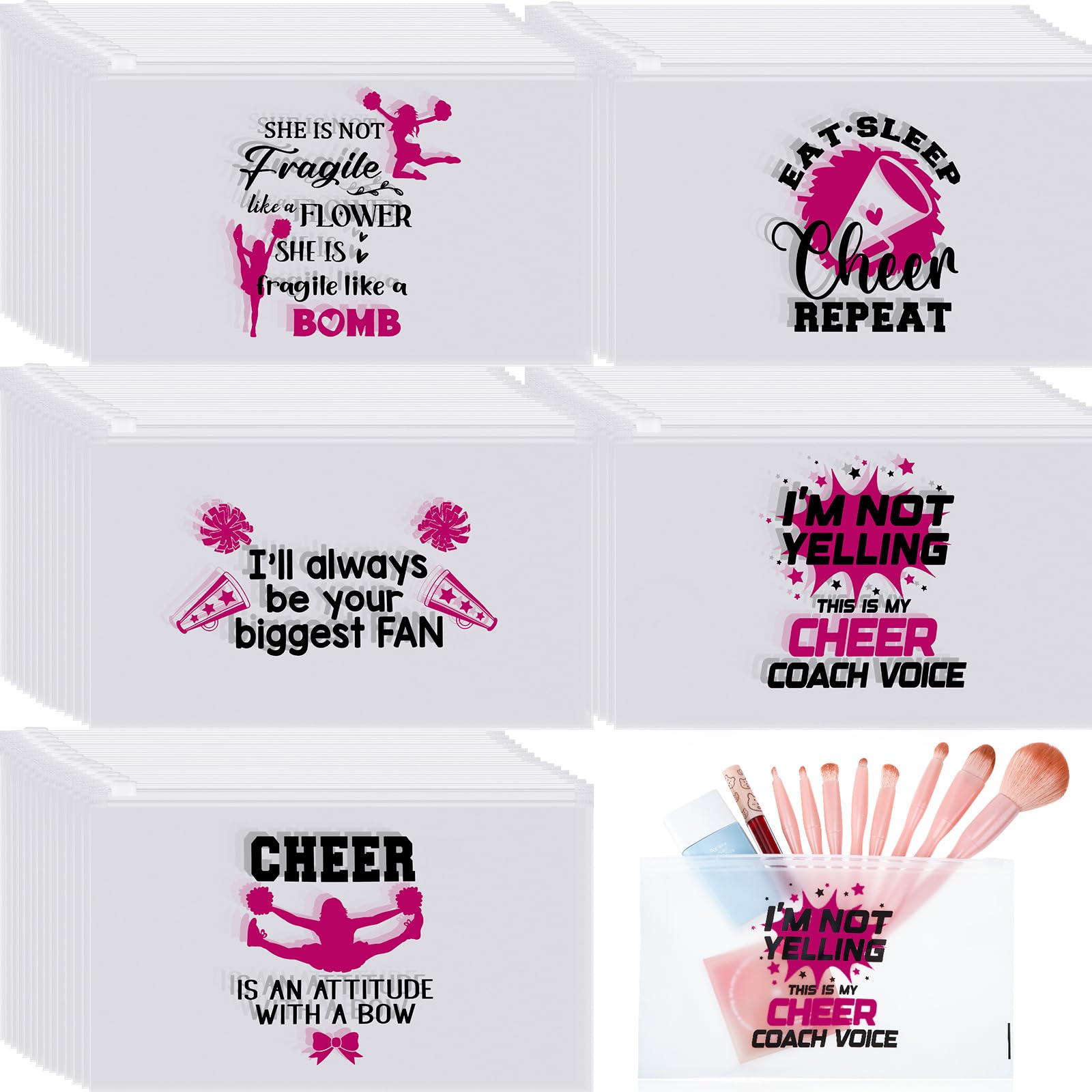 Sweetude 150 Pcs Cheerleader Gifts Bulk Cheer Makeup Bag Cosmetic Cheerleading Bag with Zipper Clear Cheerleader Travel Pouch Cheerleading Case for Girls Teammates Toiletry Accessories Gifts, 5 Styles
