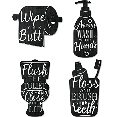 4 PCS Bathroom Wooden Wall Signs Wash Brush Floss Flush Sign Wall Decor Vintage Bathroom Wall Art Home Bathroom Laundry Room Decor, Black