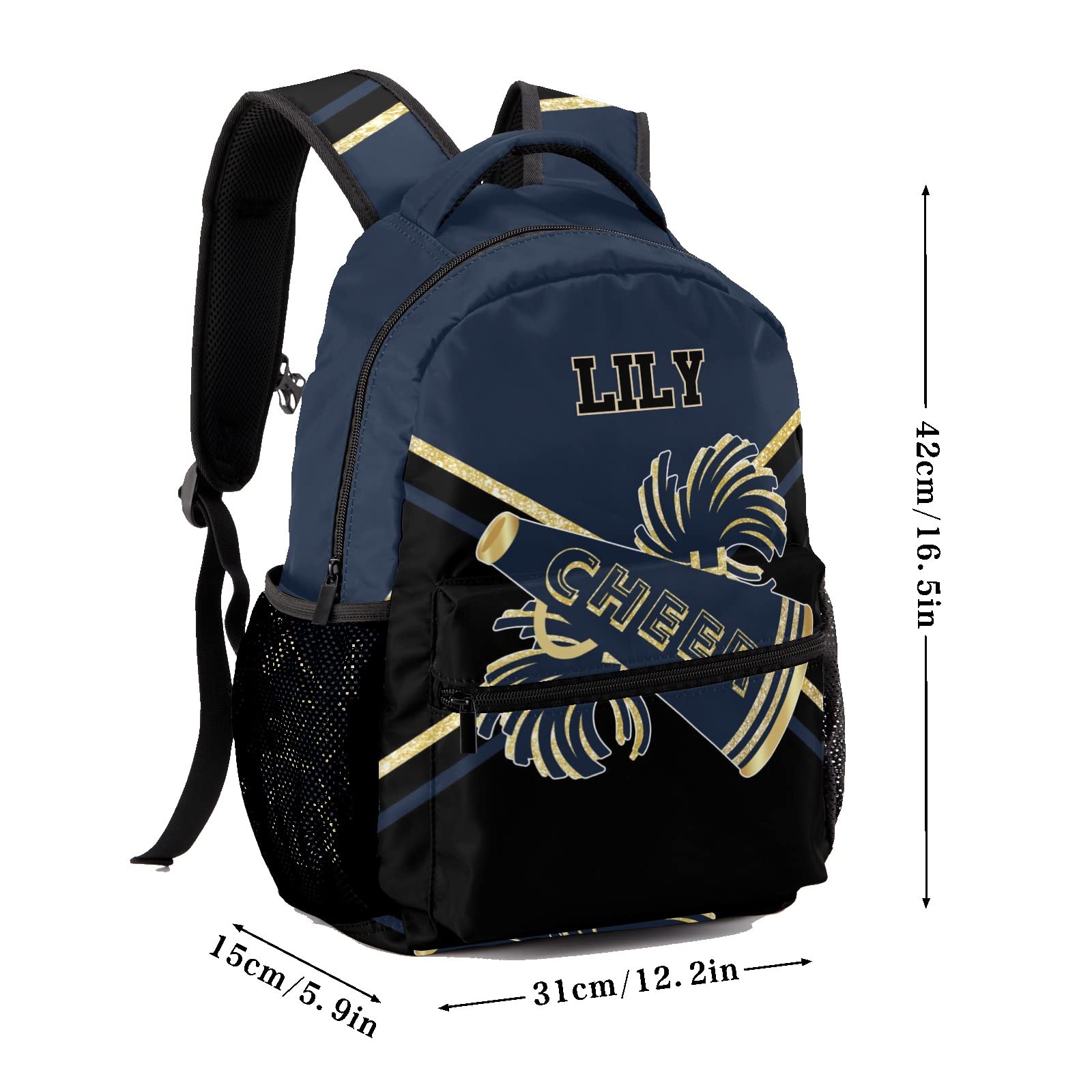 BigBigift Personalized Cheer Navy Black Cheerleaders Multifuction Backpack with Name Text for Women Men Gift, 12.2(L)x5.9(W)x16.5(H)inch