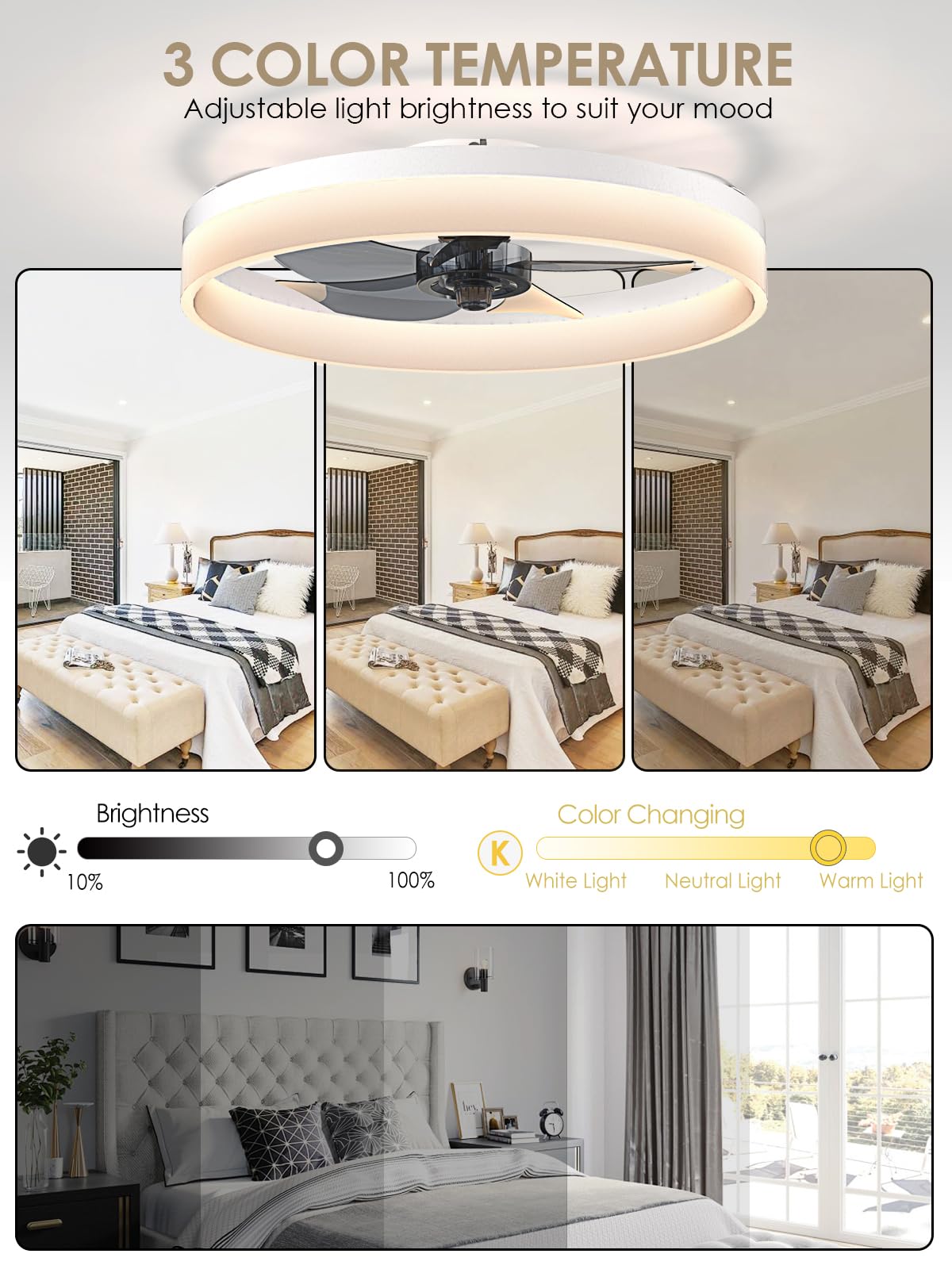 ERYAHRT Low Profile Ceiling Fan with Light Remote Control, Semi Flush Mount Ceiling Fans with 5 Invisible Blades, Dimmable Led Ceiling Fan Reversible Blades Timing, White