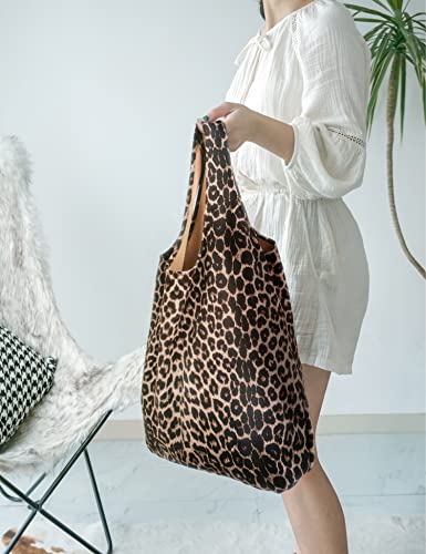 Heesch Tote Bag Leopard Hobo Bag Cheetah Print Hippie Bag Fabric Shopping Bag Cloth Purse for Women (Leopard)