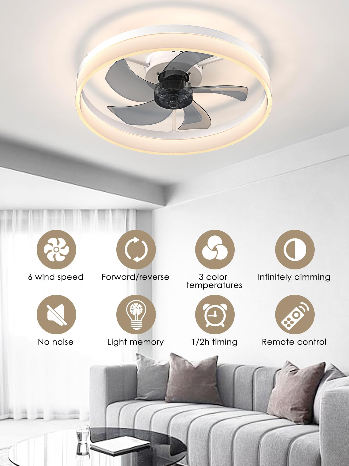 ERYAHRT Low Profile Ceiling Fan with Light Remote Control, Semi Flush Mount Ceiling Fans with 5 Invisible Blades, Dimmable Led Ceiling Fan Reversible Blades Timing, White