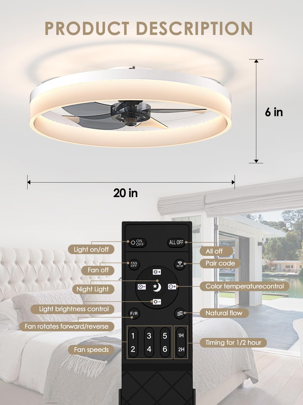 ERYAHRT Low Profile Ceiling Fan with Light Remote Control, Semi Flush Mount Ceiling Fans with 5 Invisible Blades, Dimmable Led Ceiling Fan Reversible Blades Timing, White