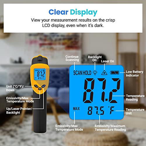 Etekcity Infrared Thermometer Upgrade 774, Heat Temperature Temp Gun for Cooking, Laser IR Surface Tool for Pizza, Griddle, Grill, HVAC, Engine, Accessories, -58°F to 842°F, Yellow