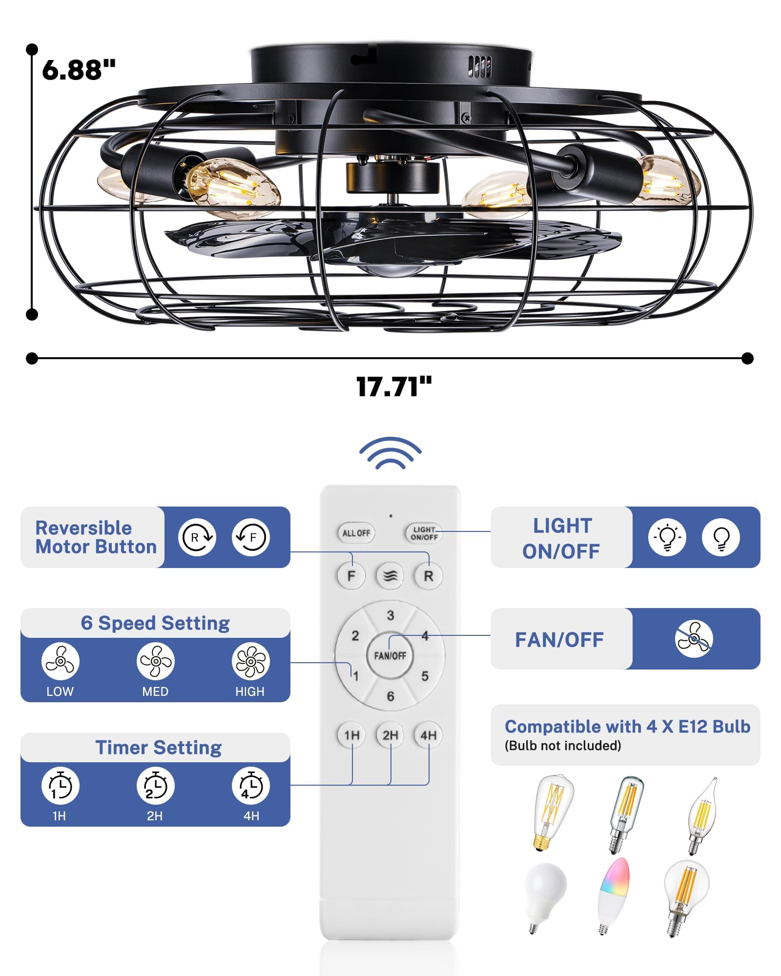 Glitnous 18'' Small Caged Flush Mount Ceiling Fans with Lights and Remote, Black Low Profile Rustic Farmhouse Modern Lighting & Ceiling Fan, Bladeless 6 Speed Timing for Bedroom Kitchen Dining Room