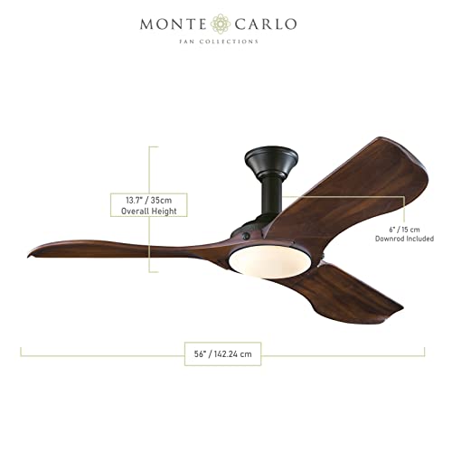 Monte Carlo 3MNLR56BKD-V1 Minimalist Mid-Century Energy Star 56" Outdoor Ceiling Fan with LED Light and Remote, 3 Hand Carved Balsa Wood Blades, Matte Black