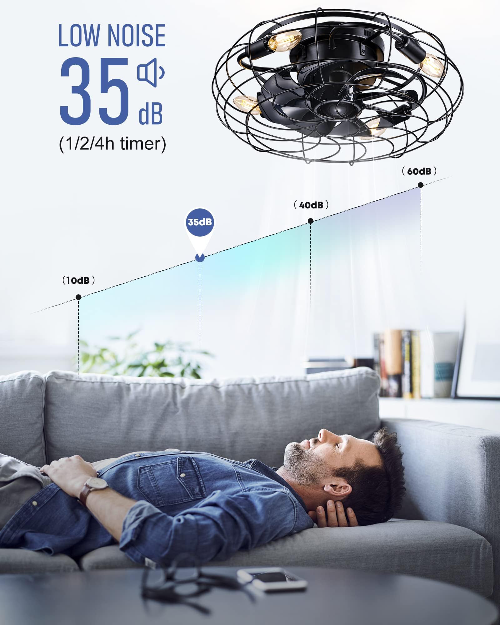 Glitnous 18'' Small Caged Flush Mount Ceiling Fans with Lights and Remote, Black Low Profile Rustic Farmhouse Modern Lighting & Ceiling Fan, Bladeless 6 Speed Timing for Bedroom Kitchen Dining Room