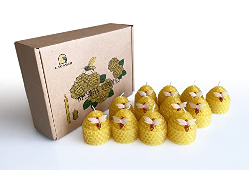 Lacaser Small Beehive Candle Bulk Set with Little Bee Decor, Natural Beeswax Yellow Votive Candle Set, Gift Box Pack of 12pcs, Unscented&Smokeless &Dripless Colored Candles Set, Dia 1.77" Each