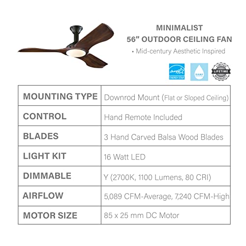 Monte Carlo 3MNLR56BKD-V1 Minimalist Mid-Century Energy Star 56" Outdoor Ceiling Fan with LED Light and Remote, 3 Hand Carved Balsa Wood Blades, Matte Black