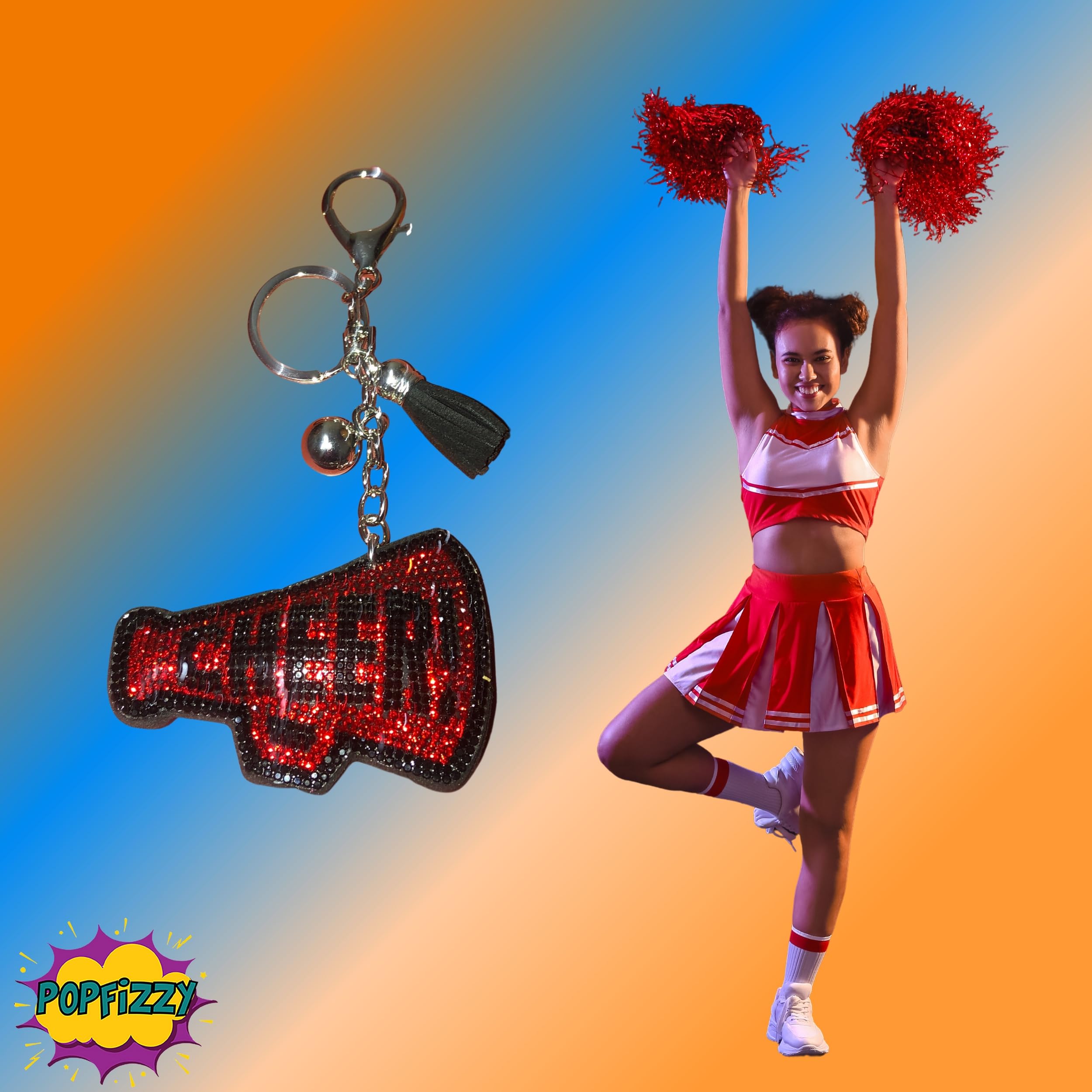 Popfizzy Bling Cheer Keychain for Girls and Women, Rhinestone Cheer Bag Charm, Cheerleader Gifts, Cheerleading Megaphone Backpack Key Chain