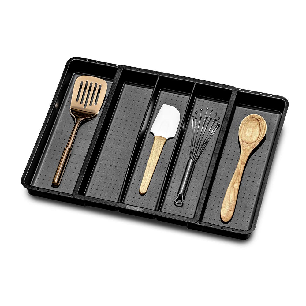 madesmart Expandable Utensil Tray 5 Compartments, Fit Any Drawer, Soft-Grip Lining & Non-Slip Feet, BPA-Free, Large, Carbon