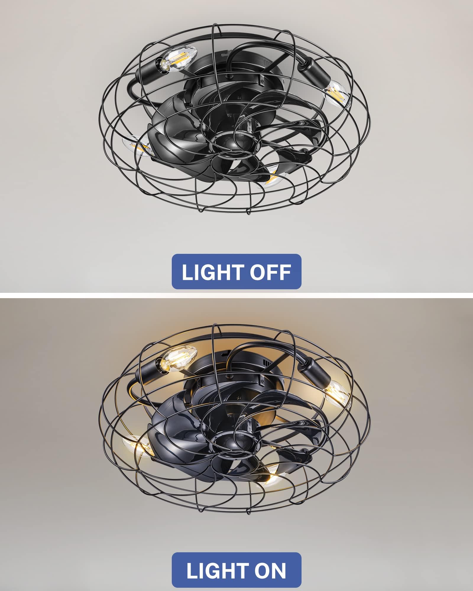 Glitnous 18'' Small Caged Flush Mount Ceiling Fans with Lights and Remote, Black Low Profile Rustic Farmhouse Modern Lighting & Ceiling Fan, Bladeless 6 Speed Timing for Bedroom Kitchen Dining Room
