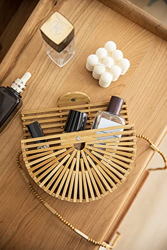 RULER TRUTH Handwoven Bamboo Bag Natural Shoulder Bag with Leather Straps Women's Handmade Straw Purse