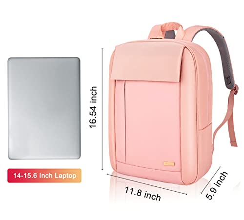 Voova Travel Laptop Backpack for Men Women, Slim Lightweight Backpack Bookbag with Laptop Compartment for Work Business and College, Waterproof Computer Bag Fits 14-15.6 Inch Notebook, Pink