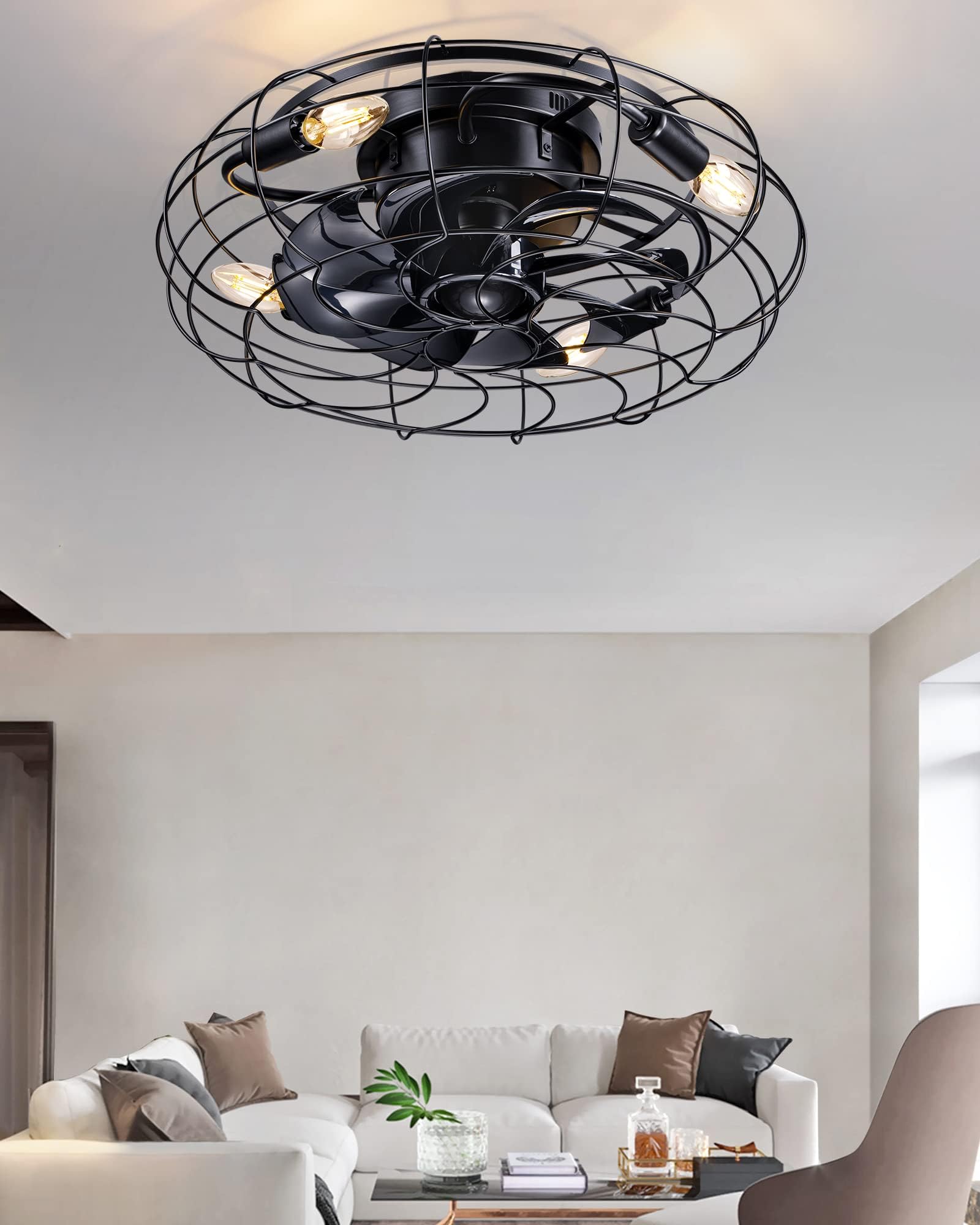 Glitnous 18'' Small Caged Flush Mount Ceiling Fans with Lights and Remote, Black Low Profile Rustic Farmhouse Modern Lighting & Ceiling Fan, Bladeless 6 Speed Timing for Bedroom Kitchen Dining Room
