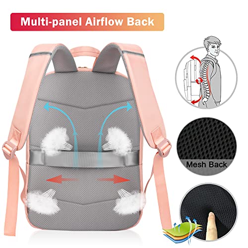 Voova Travel Laptop Backpack for Men Women, Slim Lightweight Backpack Bookbag with Laptop Compartment for Work Business and College, Waterproof Computer Bag Fits 14-15.6 Inch Notebook, Pink