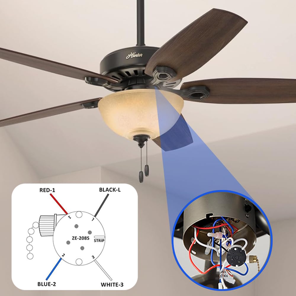 Ceiling Fan Switch Zing Ear ZE-208s E89885 3 Speed 4 Wire Pull Chain Switch Fan Light Switch Replacement Part with 4 Pre-Installed Wires(Nickel Chain)