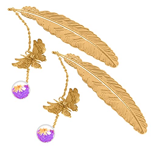 QEZEZA Metal Feather Bookmark, Handmade Gifts Bookmarks for Book Lovers, Teachers, Kids, Women and Men 2 Pack (Purple)