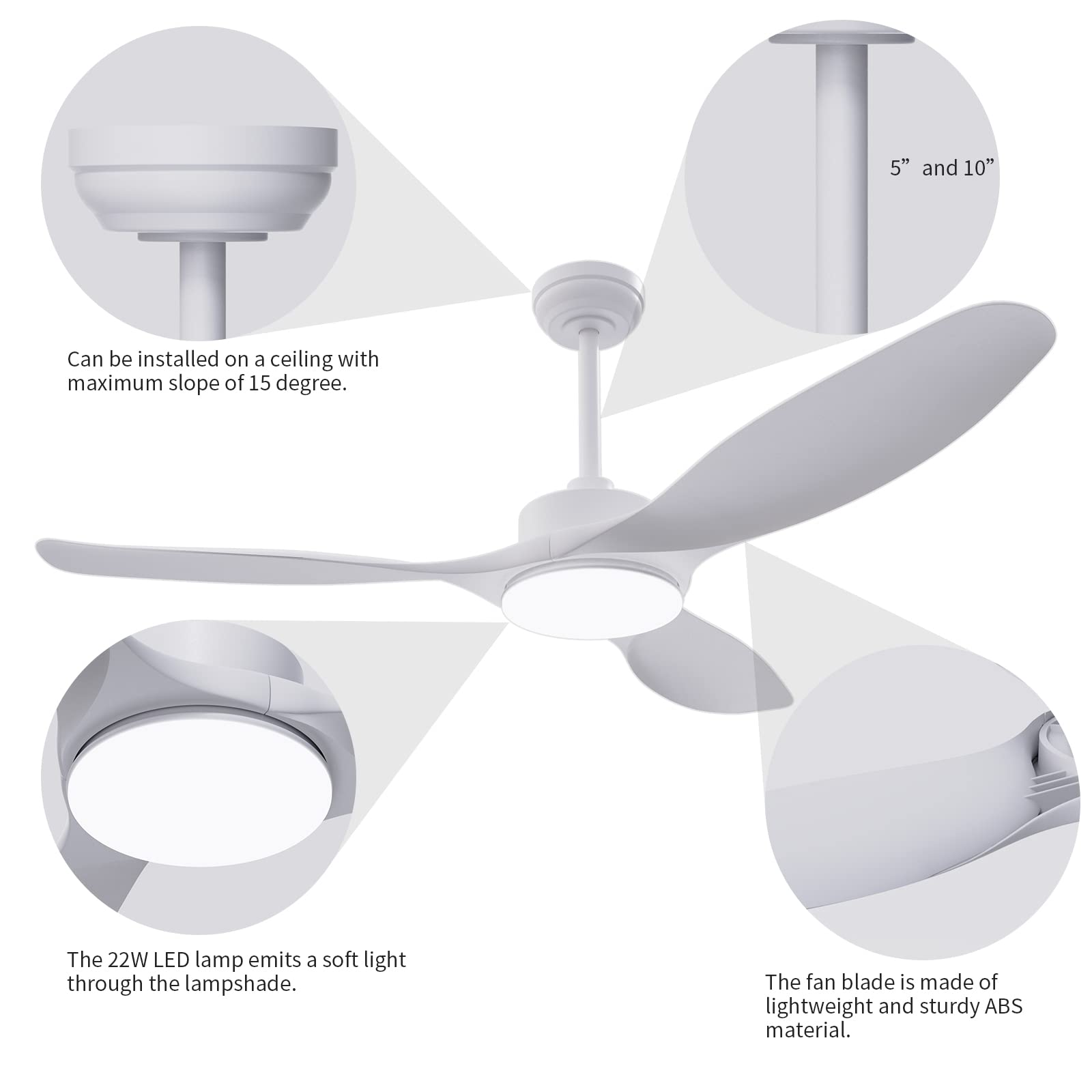 Wozzio 52 Inch Ceiling Fans with Lights Remote Control,White Modern Ceiling Fan 22W Dimmable LED Light,3 Reversible Blades,DC Motor 6 Speed Ceiling Fan for Bedroom Living Room Kitchen Home Office