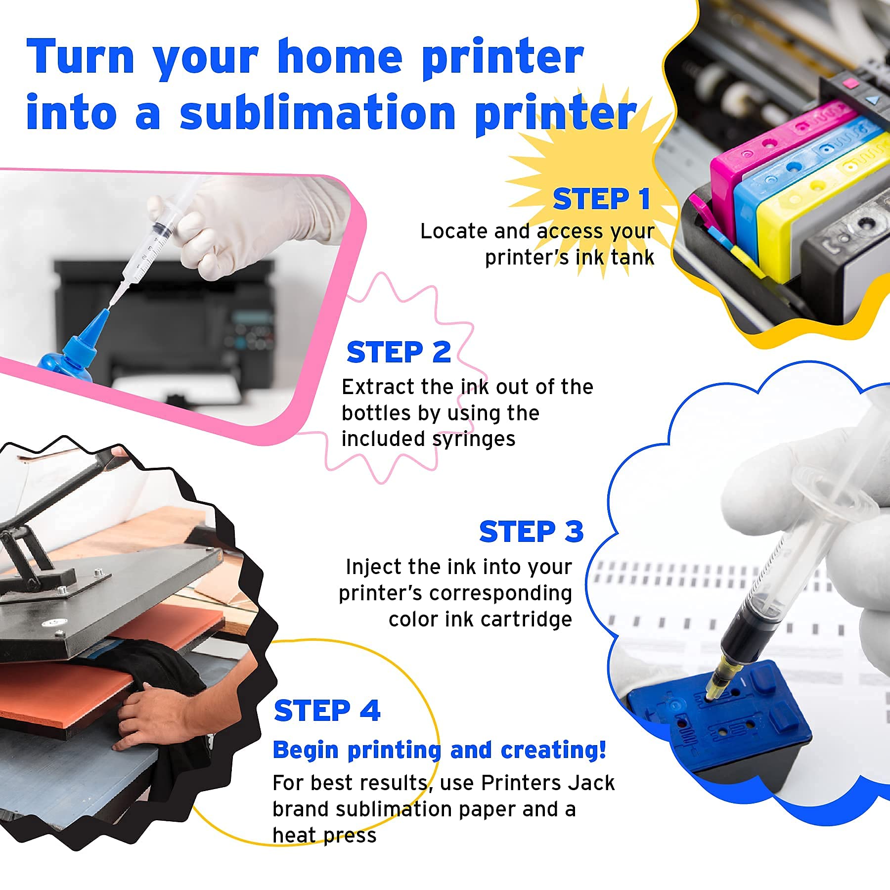 Printers Jack 400ML Sublimation Ink for Epson C88 C88+ WF7720 ET2720 ET4760 ET2760 ET2750 WF7820 Inkjet Printers Heat Press Transfer on Mugs, Plates, Polyester Shirts, Phone Cases etc