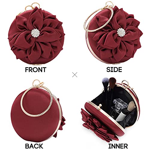 Barode Women Evening Bag Satin Flower Clutch Purse Wedding Party Prom Handbag (Red)