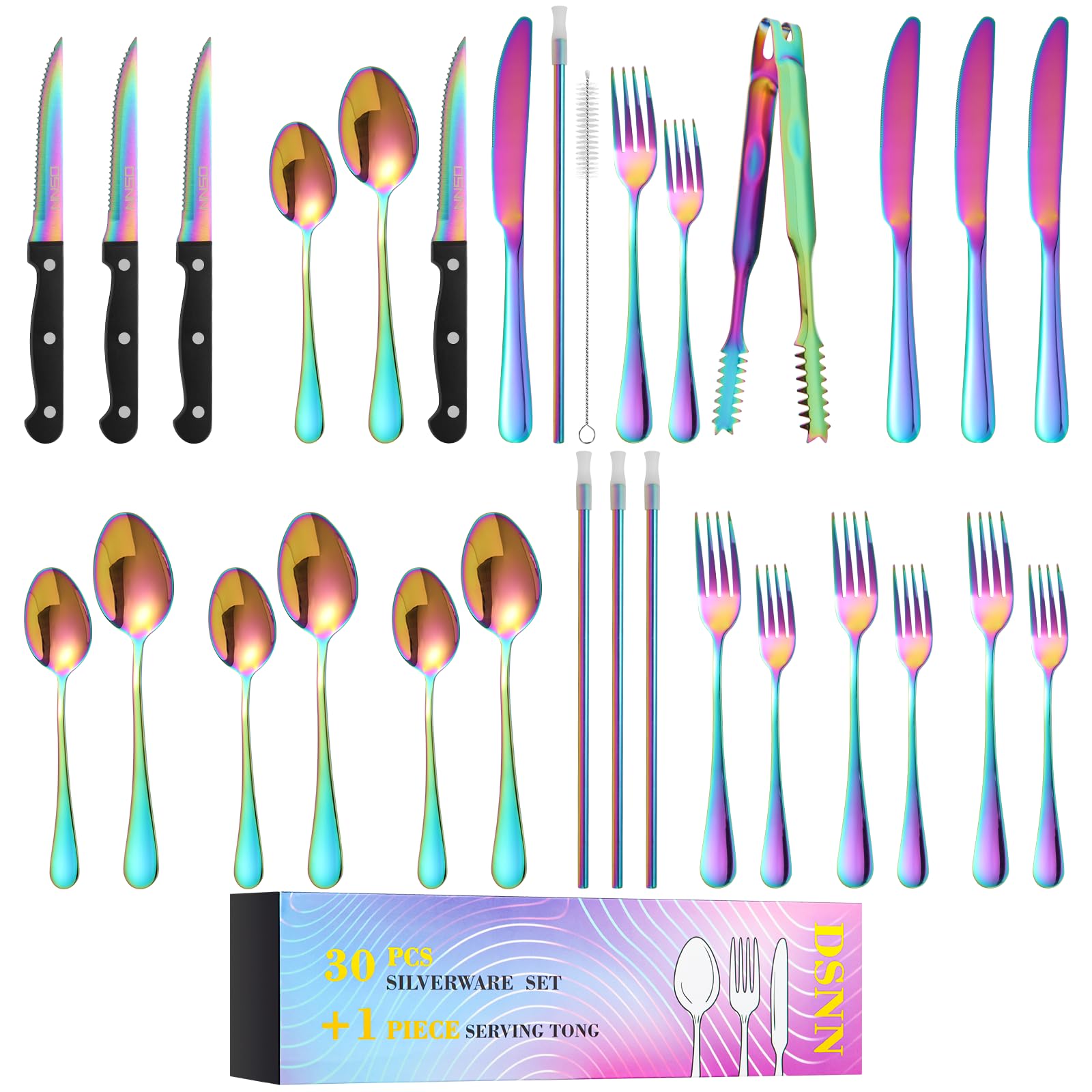DSNN 48 Pieces Iridescent Flatware Set with Silverware Organizer, Nice Design Cutlery Service for 8, Stainless Steel Kitchen Utensil