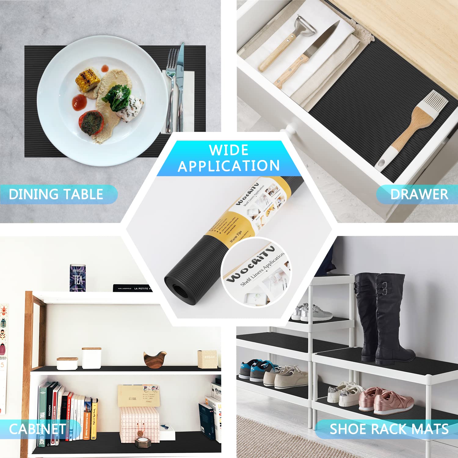 Shelf Liner Drawer Liner Non-Adhesive Cabinet Liners for Tool Box Cupboard Refrigerator Fridge Mat Waterproof Durable Plasitc Pantry Shelf Liner for Kitchen, Black 12 Inches x 6.56 FT