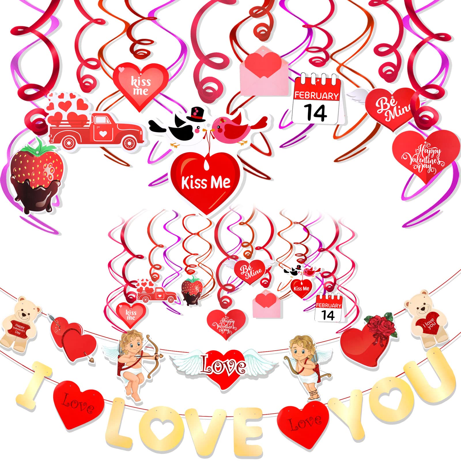 Valentine's Day Hanging Decoration Set, Valentines Day Hanging Conversation Hearts Swirls and Banner, Ceiling Hanging Cards Dangling Window Wall Decor-Valentine's Day Party Decorations Supplies