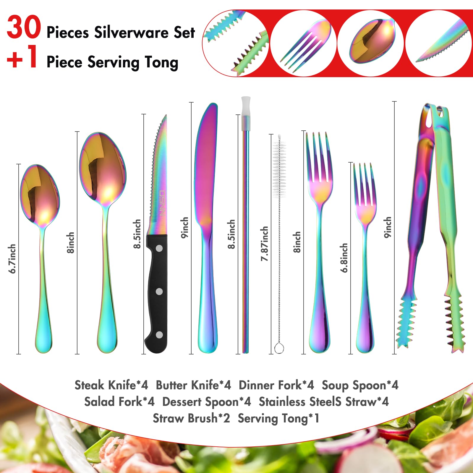 DSNN 48 Pieces Iridescent Flatware Set with Silverware Organizer, Nice Design Cutlery Service for 8, Stainless Steel Kitchen Utensil