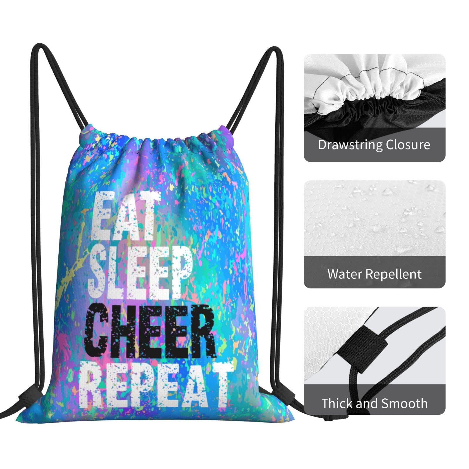 FORATIO Eat Sleep Cheer Repeat Drawstring Backpack Gym String Bag Sports Drawstring Sackpack For Women Men